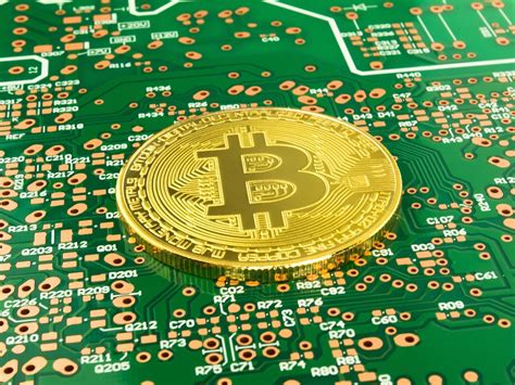 Golden Bitcoin Cryptocurrency On Computer Circuit Board Printed Circuit Boards Pcb 3670301