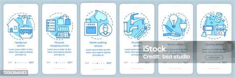 선형 개념으로 모바일 앱 페이지 화면을 온보딩홈 서비스 핸디맨 서비스 6개의 연습 단계 그래픽 지침 청소 서비스 Ux Ui
