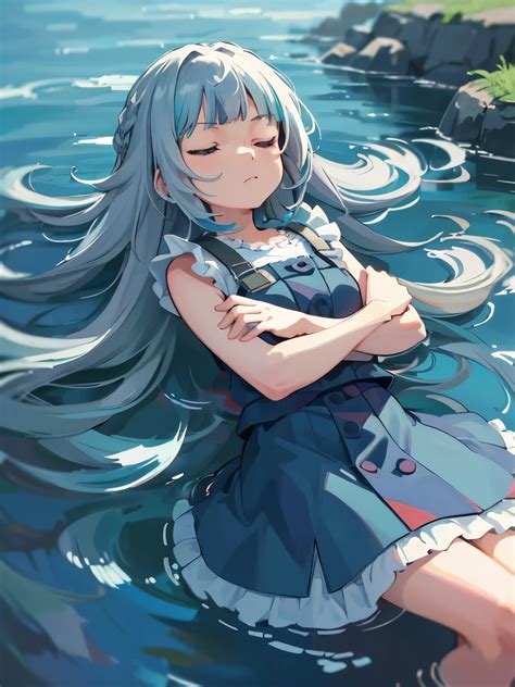 Anime Girl Laying On The Ground In The Water Seaart Ai