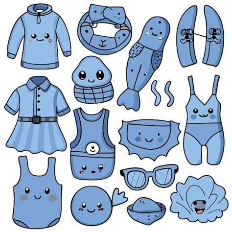 Cute Bluethemed Illustrations Of Clothing And Sea Creatures Premium