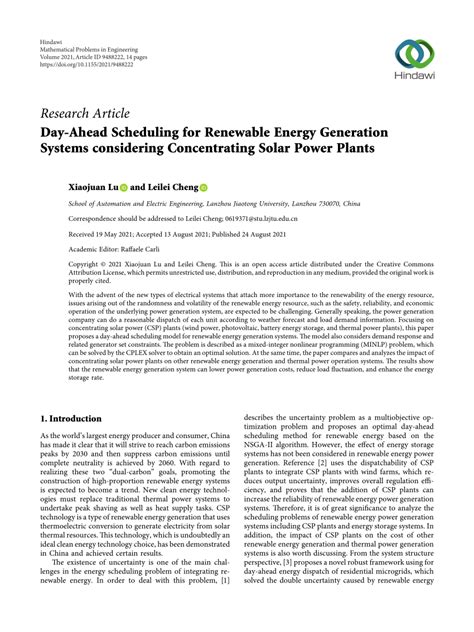 Pdf Day Ahead Scheduling For Renewable Energy Generation Systems Considering Concentrating