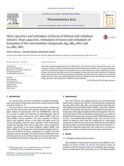 Pdf Heat Capacities And Enthalpies Of Fusion Of Lithium And Rubidium Nitrates Heat Capacities