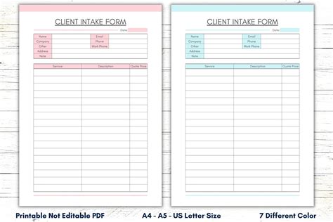 Printable Client Intake Form Client Service List Business New Client