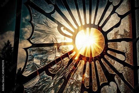Textured And Patterned Glass Window With The Sun Shining Through