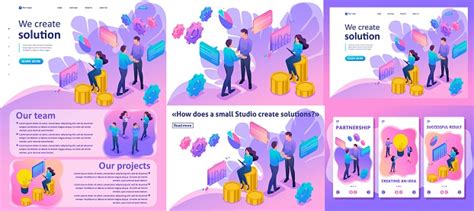 설정 템플릿 기사 방문 페이지 응용 프로그램 디자인 아이소메트릭 밝은 개념 팀워크 솔루션을 만들려면 개발에 대한 스톡 벡터 아트