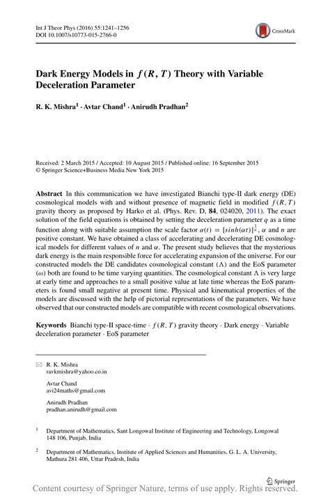 Dark Energy Models In Frt Theory With Variable Deceleration Parameter Request Pdf