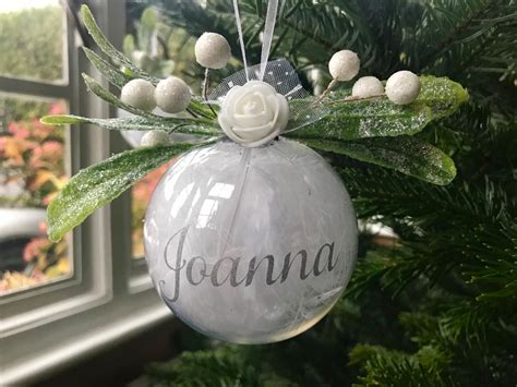 Personalized Feather Christmas Bauble Silver Glitter Name Decoration