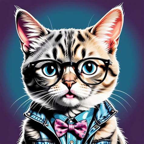 Photo Hipster Cute Pop Art Cat Illustration Hand Drawn Premium Ai