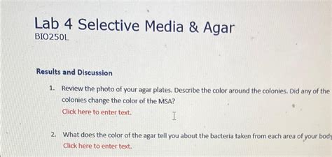 Solved Lab 4 ﻿Selective Media & Agar BIO250LResults and | Chegg.com