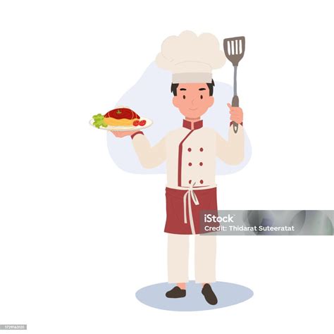 파스타를 제공하는 행복한 어린이 요리사 요리사 모자를 쓴 젊은 요리사가 맛있는 스파게티를 준비합니다 가정 주방에 대한 스톡 벡터