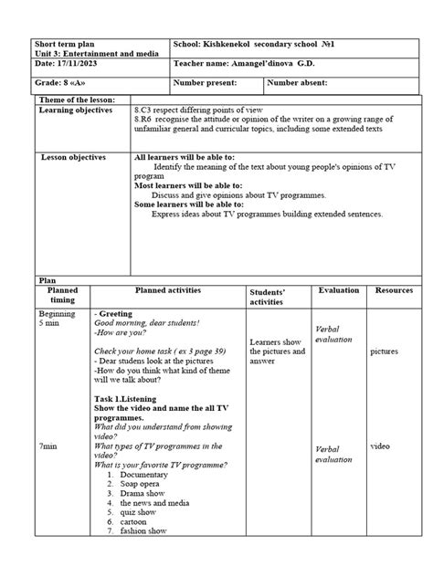 Lesson Plan 171123 Pdf Television Entertainment
