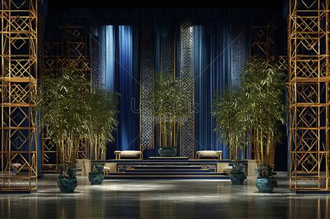 진한 파란색 배경의 황금 대나무 무대