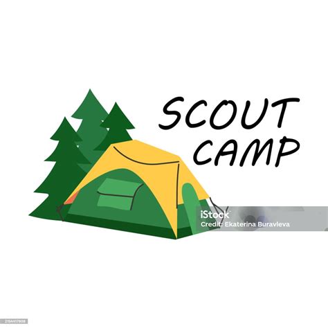 크리스마스 트리와 스카우트 캠프라는 글자가 새겨진 텐트 에 대한 벡터 일러스트 레이 션 엠블럼 로고 여름 캠프 Eps 10 0