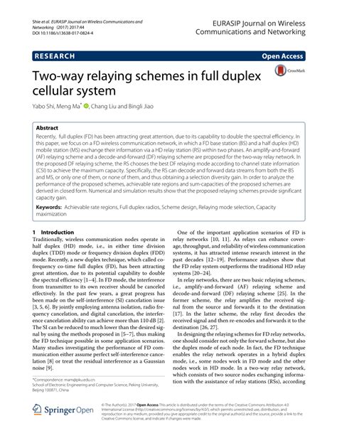 Pdf Two Way Relaying Schemes In Full Duplex Cellular System