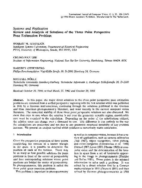 Pdf Review And Analysis Of Solutions Of The Three Point Perspective Pose Estimation Problem
