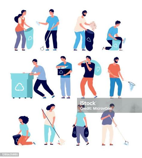 사람들은 쓰레기를 수거합니다 환경 자연을 청소하는 남성과 여성 재활용 폐기물을 분류하는 사람 환경주의 벡터 문자 가방에 대한