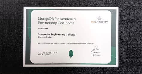 MongoDB Awarded Academia Partnership Certificate To SEC Saveetha Engineering College