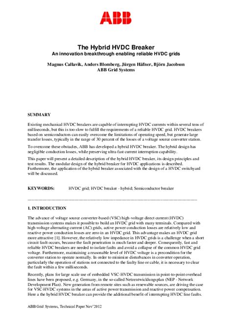 Pdf The Hybrid Hvdc Breaker An Innovation Breakthrough Enabling Reliable Hvdc Grids