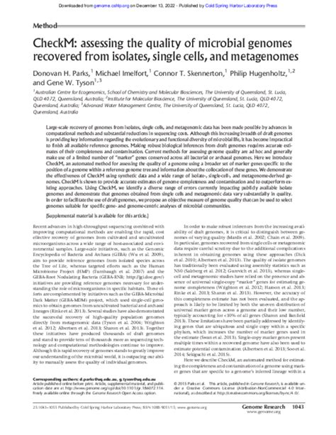 Pdf Checkm Assessing The Quality Of Microbial Genomes Recovered From