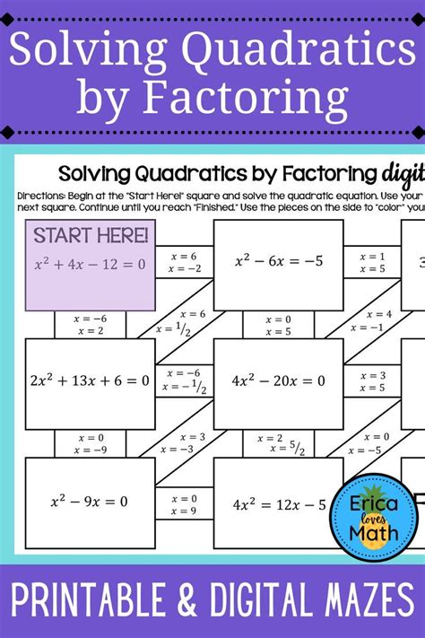 solving quadratic equations by factoring activity printable and digital