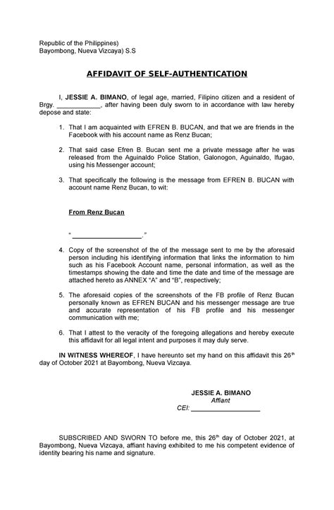 Affidavit Of Authentication Bimano Republic Of The Philippines