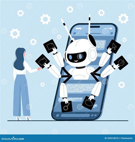 Productivity Of Chatbot Assistant Tiny Woman Working With Multitasking