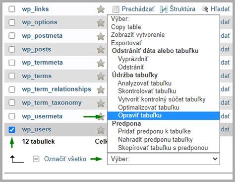 Oprava tabuliek v SQL databáze Databázy EXO Hosting