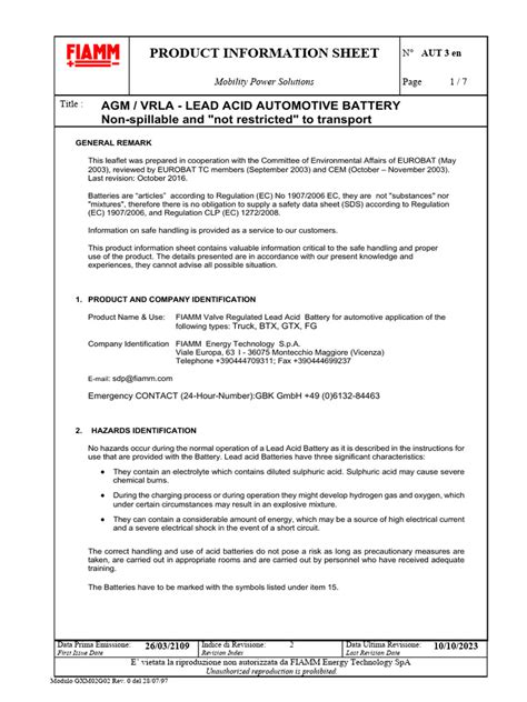 Product Information Sheet Agm Vrla Lead Acid Automotive Battery Non