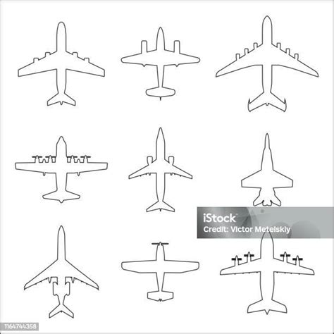 평면 윤곽선 아이콘 세트입니다 비행기 실루엣 벡터 그림입니다 전투기에 대한 스톡 벡터 아트 및 기타 이미지 전투기 벡터