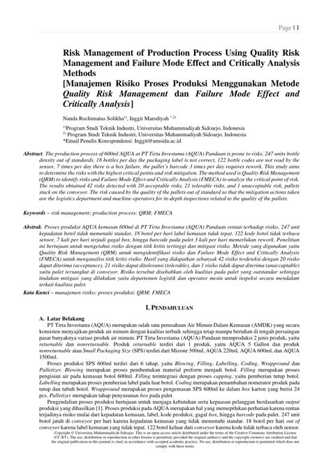 PDF Risk Management Of Production Process Using Quality Risk