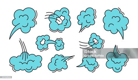 만화 방귀 구름 아이콘 연기 똥 낙서 만화 숨결 공기 증기 퍼프 먼지 또는 헛배 부름 냄새 팝 귀여운 가스 거품 세트 아로마 벡터 일러스트 레이 션 향기로운에 대한 스톡