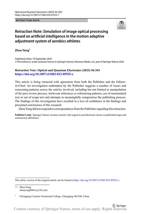 Retraction Note Simulation Of Image Optical Processing Based On Artificial Intelligence In The