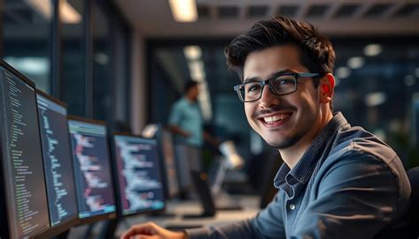 Portrait Man And Smile Of Programmer On Computer In Office Workplace At