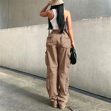 여성을위한 Passionné 바지 하이 허리 포켓 레이스 업 넓은 다리 바지 여성 빈티지 스트리트웨어 스타일 2023 패션 뉴