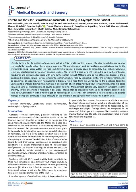 Pdf Cerebellar Tonsillar Herniation An Incidental Finding In Asymptomatic Patient