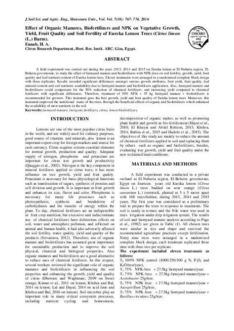 (PDF) Effect of Organic Manures, Biofertilizers and NPK on Vegetative Growth, Yield, Fruit ...