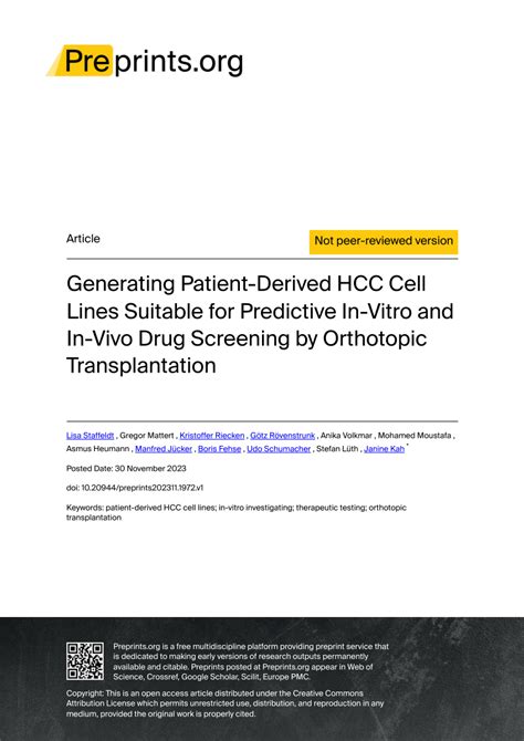 Pdf Generating Patient Derived Hcc Cell Lines Suitable For Predictive In Vitro And In Vivo
