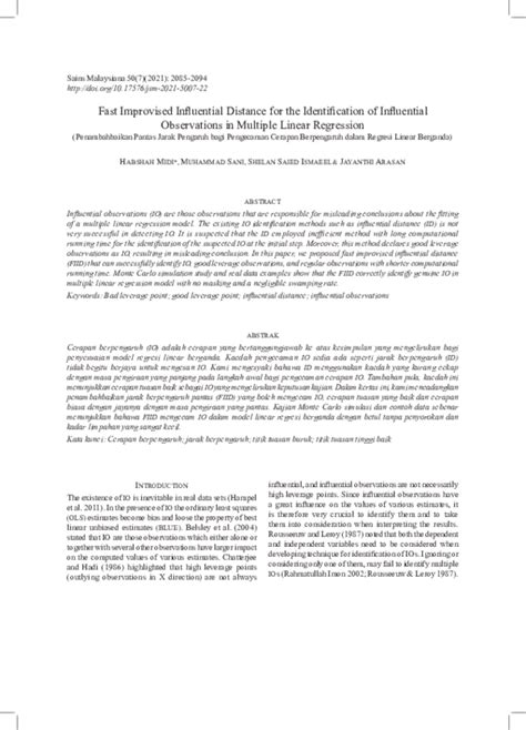 Pdf Fast Improvised Influential Distance In Linear Regression