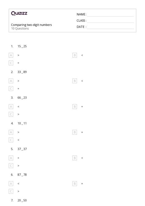 50 Comparing Numbers 11 20 Worksheets For 1st Class On Quizizz Free