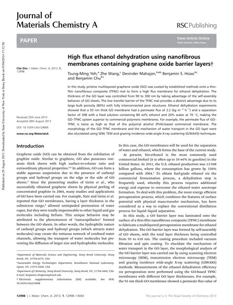 Pdf High Flux Ethanol Dehydration Using Nanofibrous Membranes