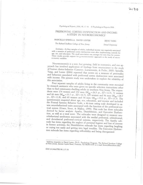 Pdf Prefrontal Cortex Dysfunction And Income A Study In Neuroeconomics