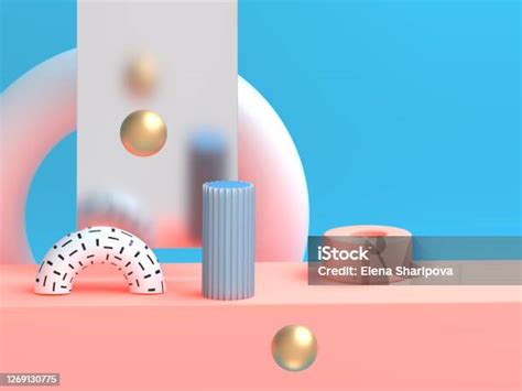 지오메트리 셰이프의 3d 렌더링 컴포지션 토러스 실린더 구 파스텔 컬러 팔레트의 미니멀한 일러스트 정적 및 동적 배너 웹 모형 연단 또는 배경으로 유용 개념에 대한 스톡
