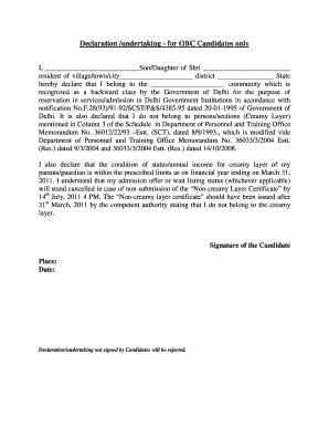 Fillable Online Declaration Undertaking For OBC Candidates Only IIIT Delhi Fax Email Print