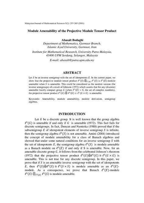 Module Amenability Of The Projective Module Tensor Product Malaysian Journal Of Mathematical