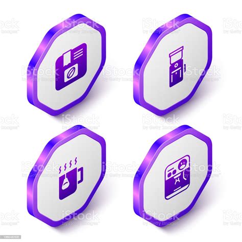 커피 콩 전기 분쇄기 가방과 커피 머신 아이콘이있는 컵 티의 이소메트릭 가방을 설정합니다 보라색 육각 버튼 벡터 3차원 형태에 대한 스톡 벡터 아트 및 기타 이미지 Istock