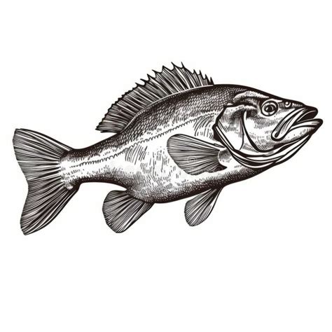 Stunning Black And White Ocean Bass Fish Illustration In 32k Uhd Stock