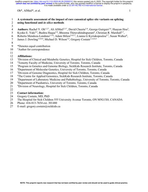 Pdf A Systematic Assessment Of The Impact Of Rare Canonical Splice Site Variants On Splicing