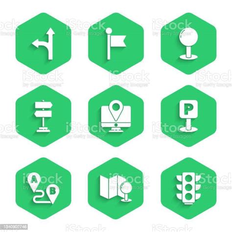 Set Monitor With Location Marker Folded Map Push Pin Traffic Light Parking Route Road Traffic