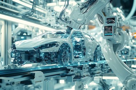 A Hightech Factory Featuring Robots Working On An Assembly Line Premium Ai Generated Image