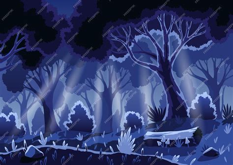 Premium Vector Cartoon Night Forest Landscape Dark Tree Trunks And